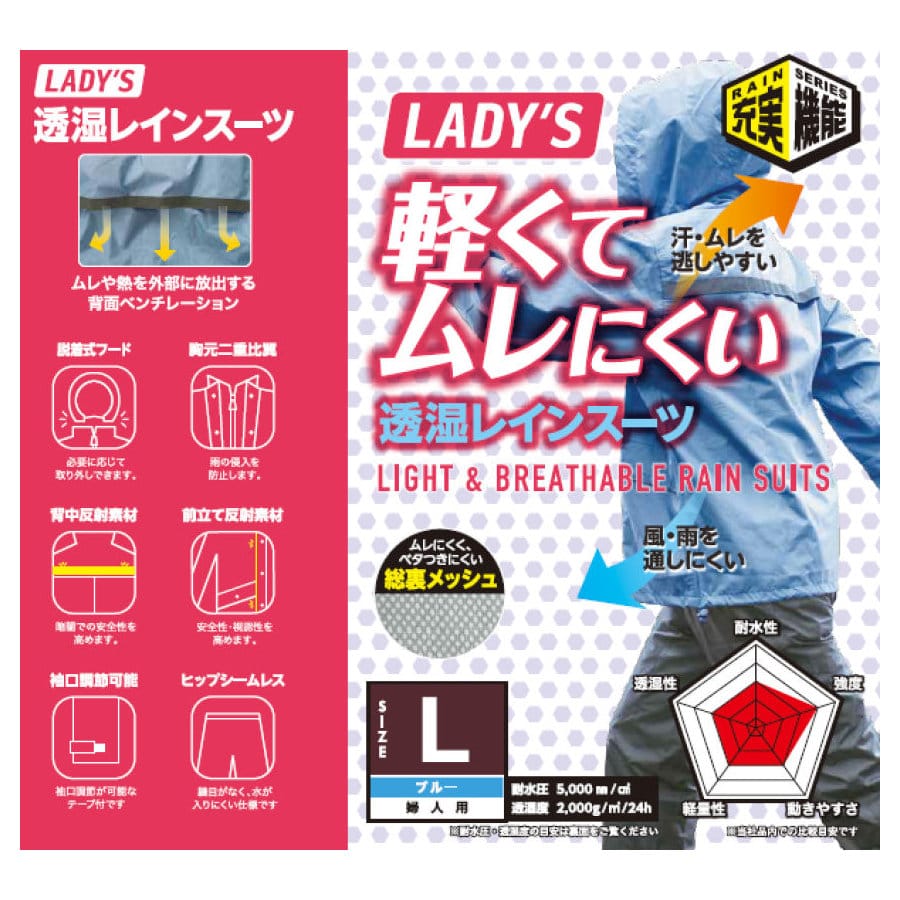 婦人透湿レインスーツ ブルー L の通販 | ホームセンター コメリドットコム